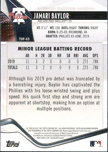 2021 BOWMAN PLATINUM TOP PROSPECT PHILADELPHIA PHILLIES JAMARI BAYLOR #TOP-63 | eBay