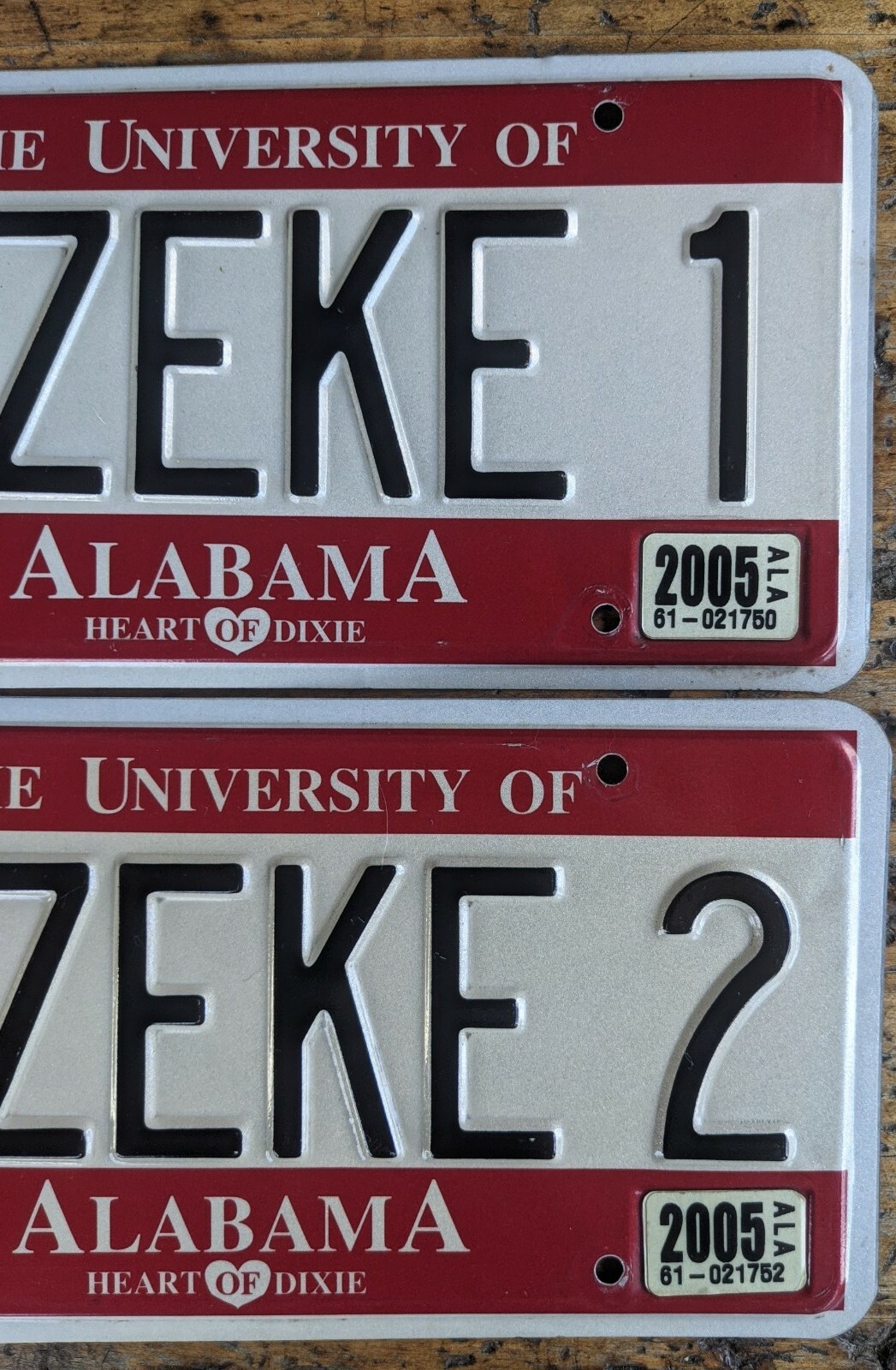 Two University of Alabama License Plates Vehicle Tags ZEKE1 ZEKE2 Heart ...