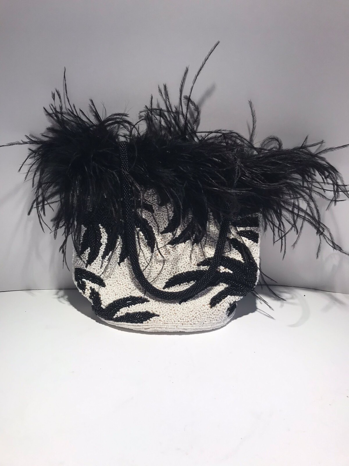 Ermo Beaded Black and White Palm Tree / Feather Purse - Gem