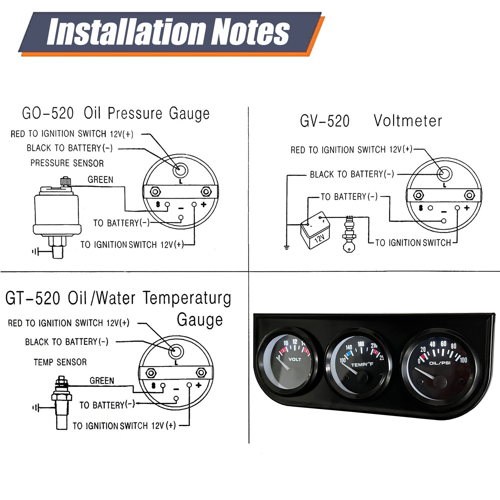 Universal 2" 52mm Chrome Volt Water Oil Pressure Triple 3 Gauge Set ...