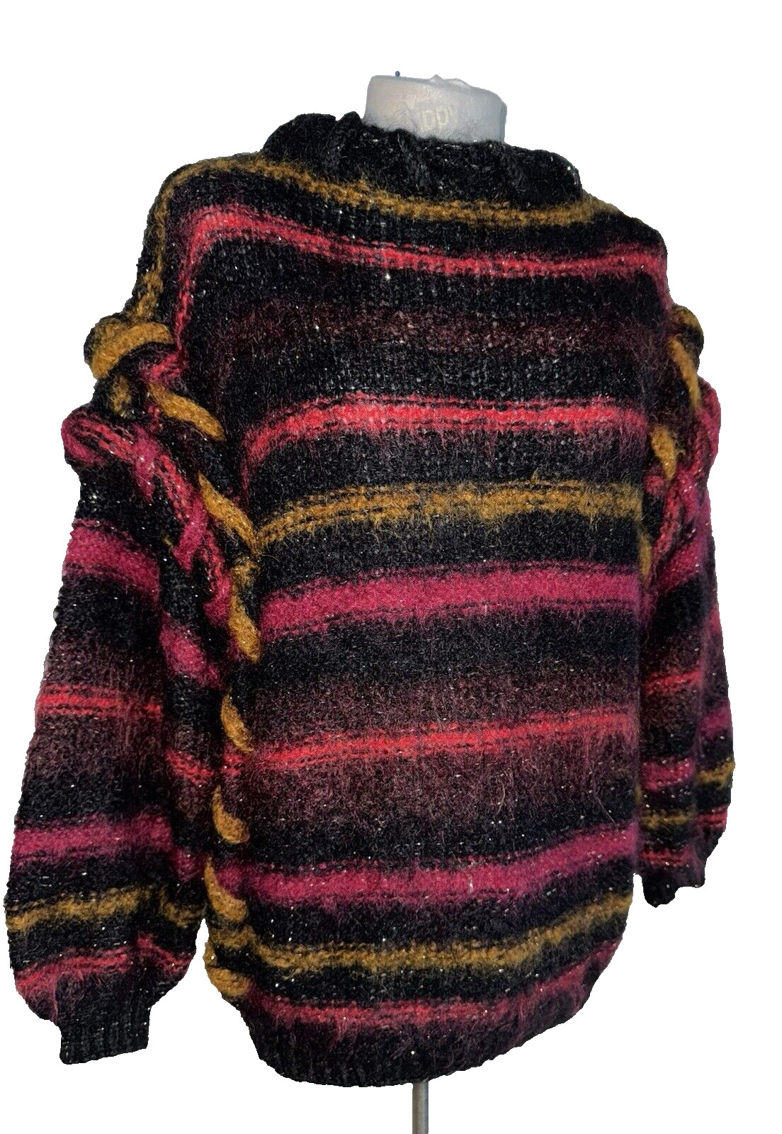 CAROLE DENE CROSS JUMPER 80'S BLACK-GOLD MOHAIR ROUND… - Gem