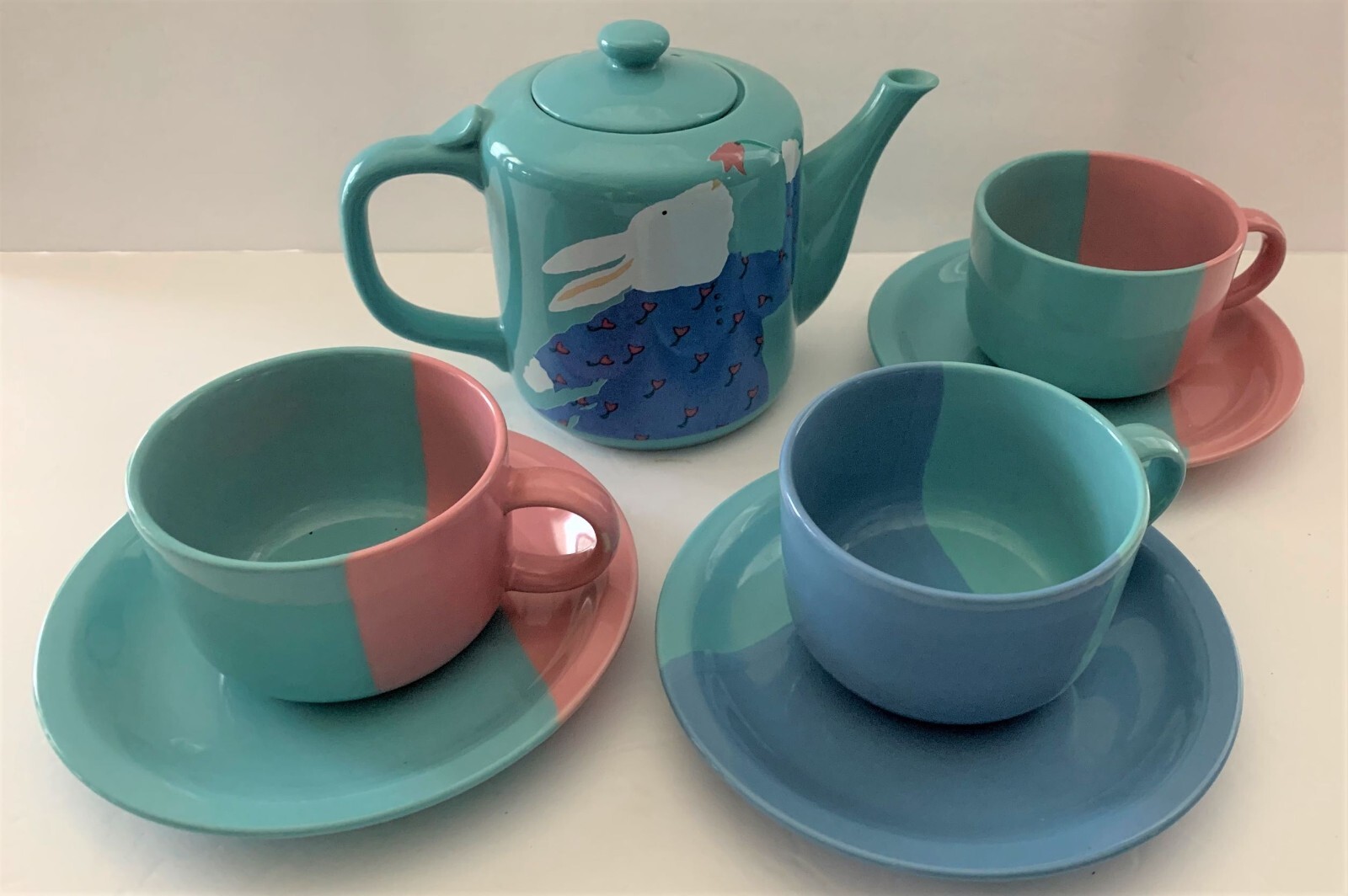 1988 Paris Bottman TEAPOT & CUPS & SAUCERS Set 8pc Japan BUNNY RABBIT ...
