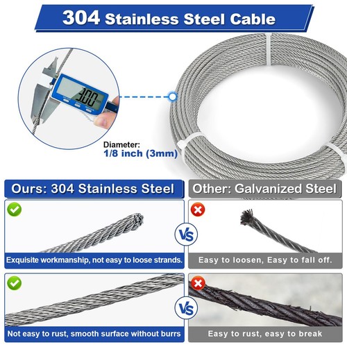 1/8 Stainless Steel Cable 50ft 1/8 Steel Wire Rope with M6 Turnbuckle ...