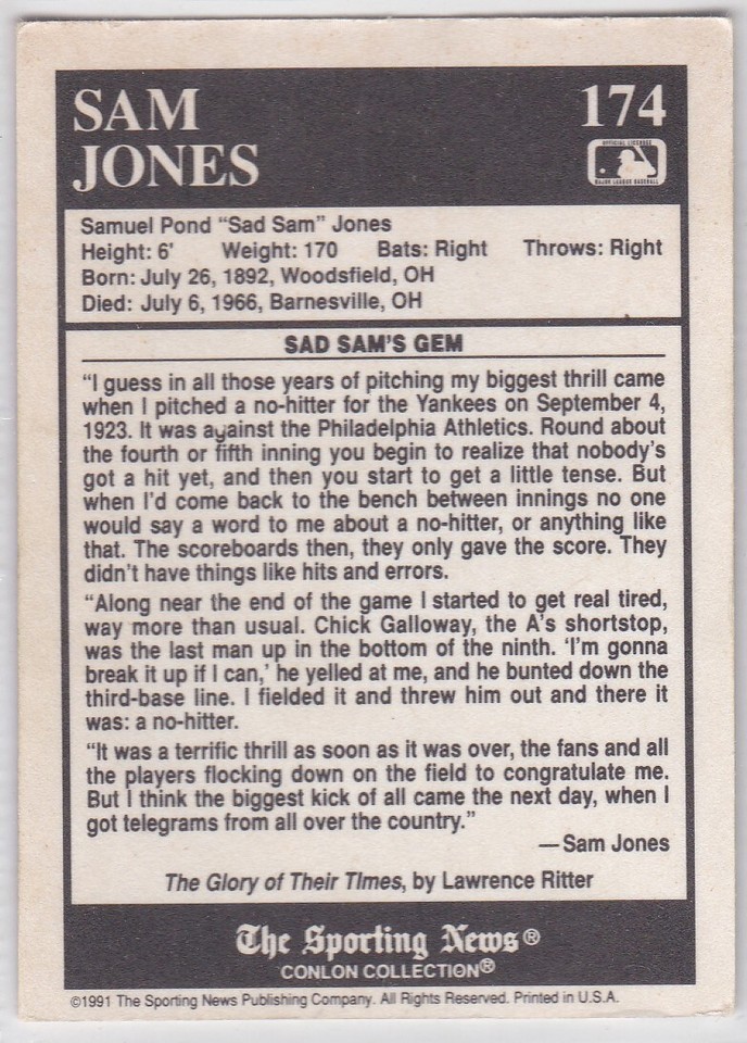 M) 1991 The Sporting News Baseball Trading Card - Sam Jones #174 | eBay