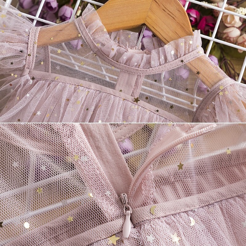 Kid Mesh Tulle Voile Dress A-line Tiered Layered Shiny Sequin Star ...