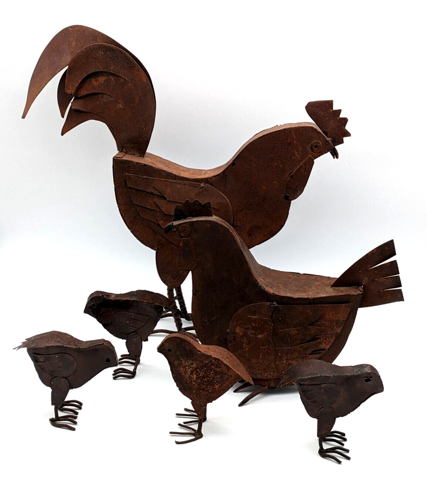 Vintage Rustic Metal Rooster Hen And Four Baby Chick Sculptures | eBay