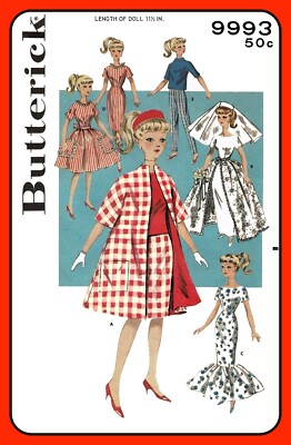 11½" Teen Doll Bridal / Clothing Wardrobe Butterick 9993 Vtg 1960 ...