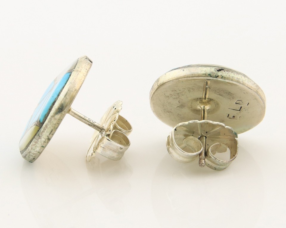 Zuni Earrings Sterling Silver Turquoise & MOP Vintage Signed ELB | eBay