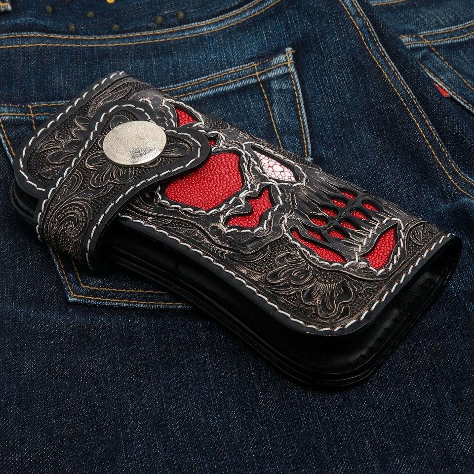 Hand Tooled Skull Leather Custom Biker Wallets | eBay