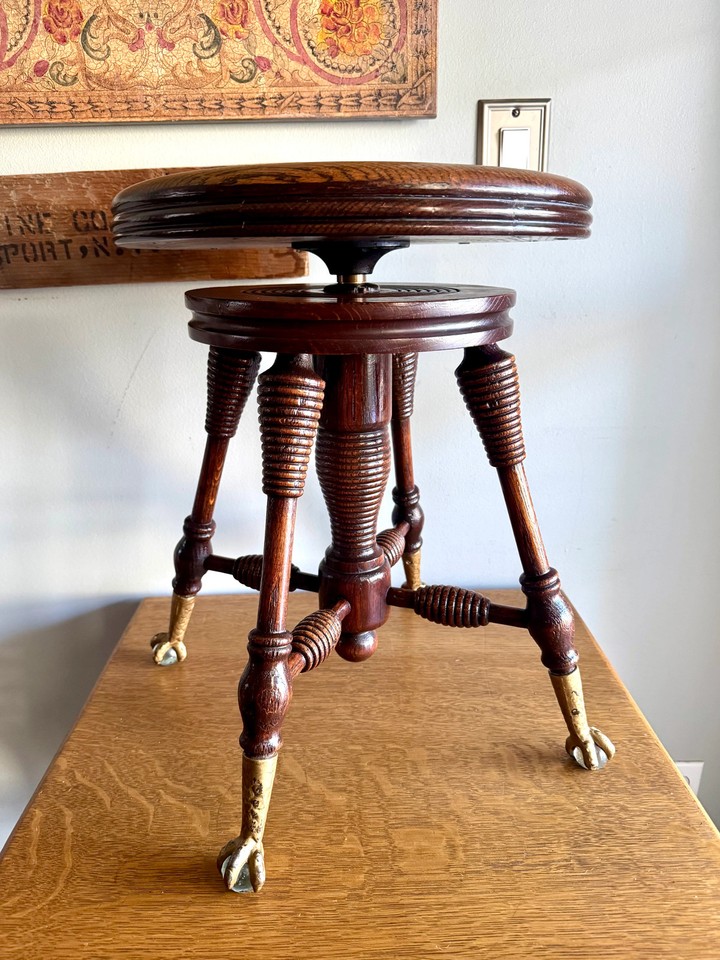 Antique Wood Claw Foot Piano Stool| Glass Ball Claw Foot Adjustable ...