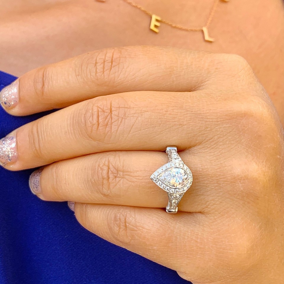 14K White Gold Pear Shape Diamond Bezel Set Engagement Ring Halo Deco 1 ...