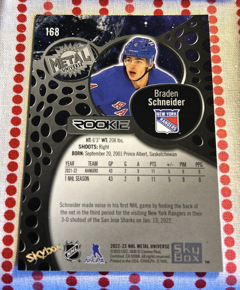 2022-23 Braden Schneider NHL Skybox Metal Universe Rookie #168 New York ...