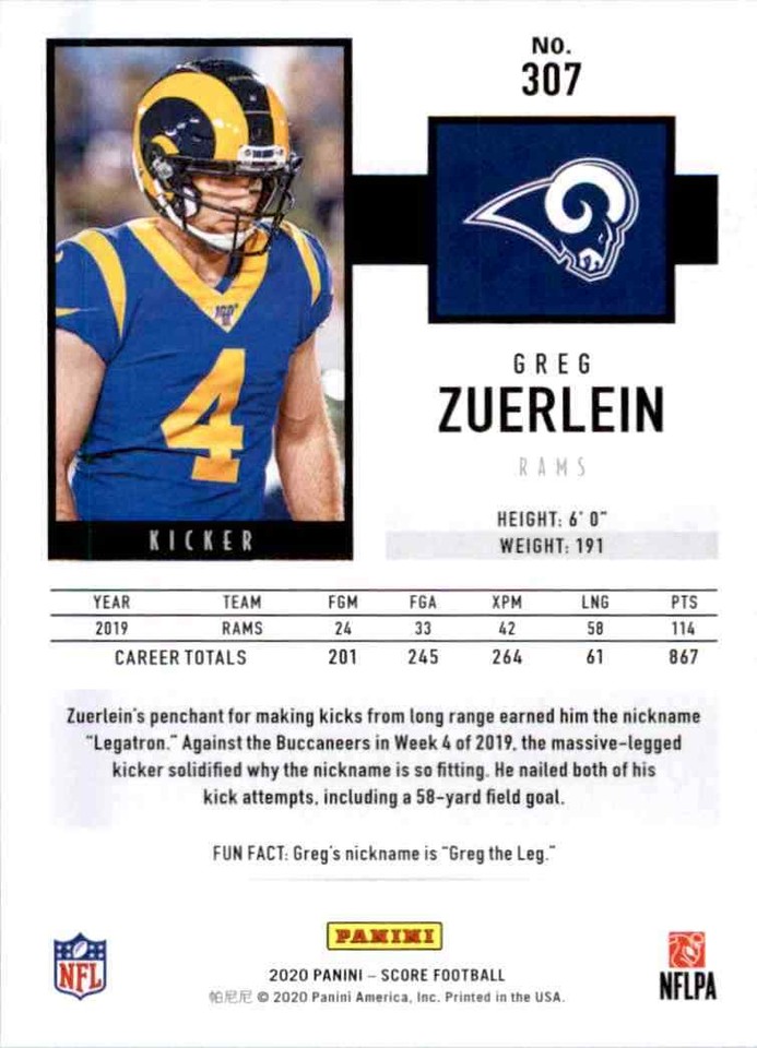 2020 Score #307 Greg Zuerlein Los Angeles Rams Football Card | eBay