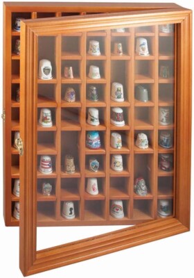 Thimble Display Case 59+ Miniature Oak Wood Minifigures Wall Glass Rack ...