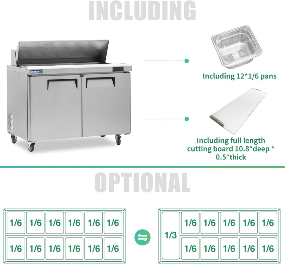 48" Sandwich Prep Table Fridge, ICECASA 2 Door Food Bain Marie Cooler ...