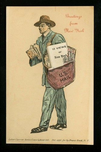 Novelty postcard Mailman greetings w/ mini views of New York City in ...