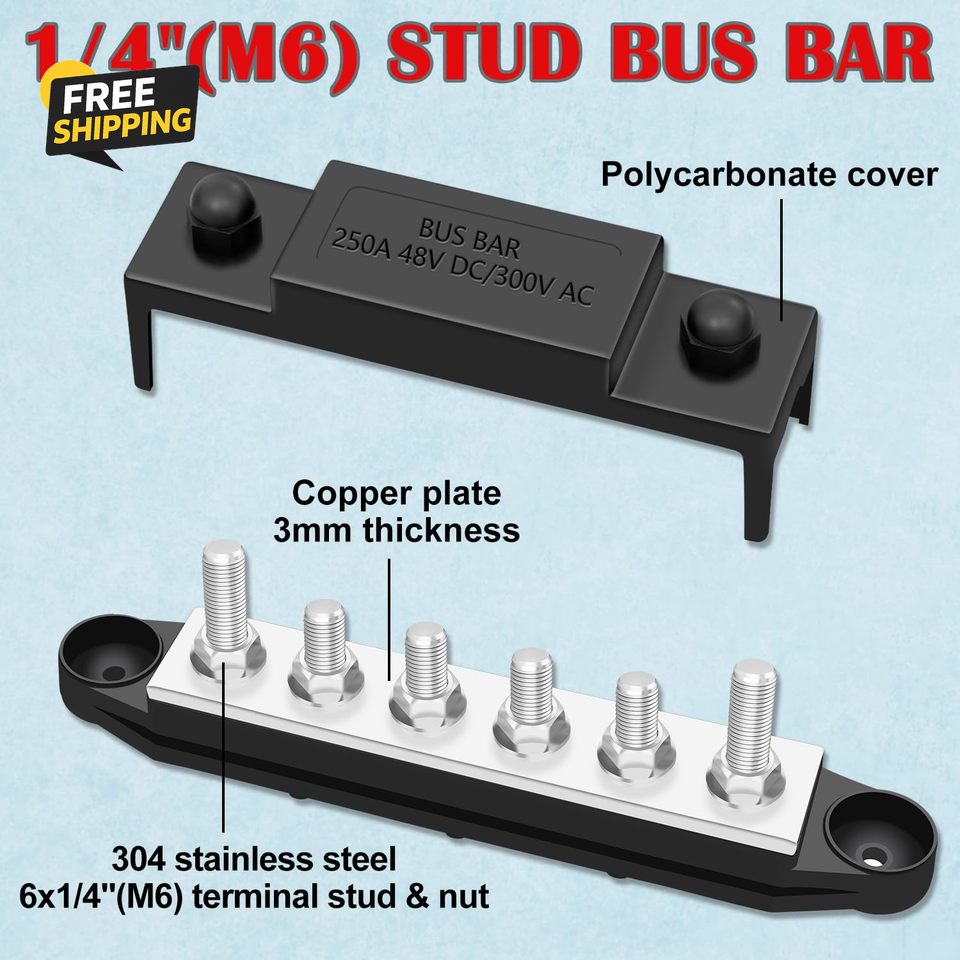 250A 12V Bus Bar Marine, 1/4" Power Distribution Block, Battery Buss ...