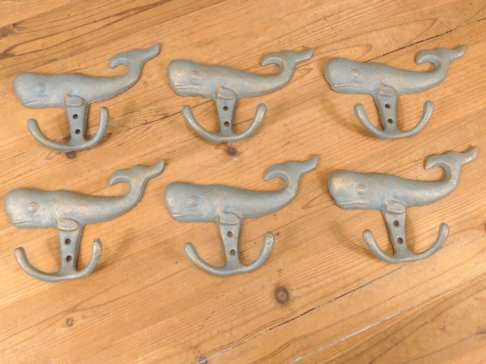6 Cast Iron WHALE Wall HOOKS 6 1/2" Long Nautical Beach Decor Hardware ...