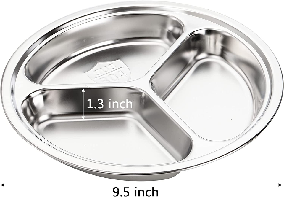 4 Pack Stainless Steel round Divided Plates, 9.5 Inch Dinner Snack ...