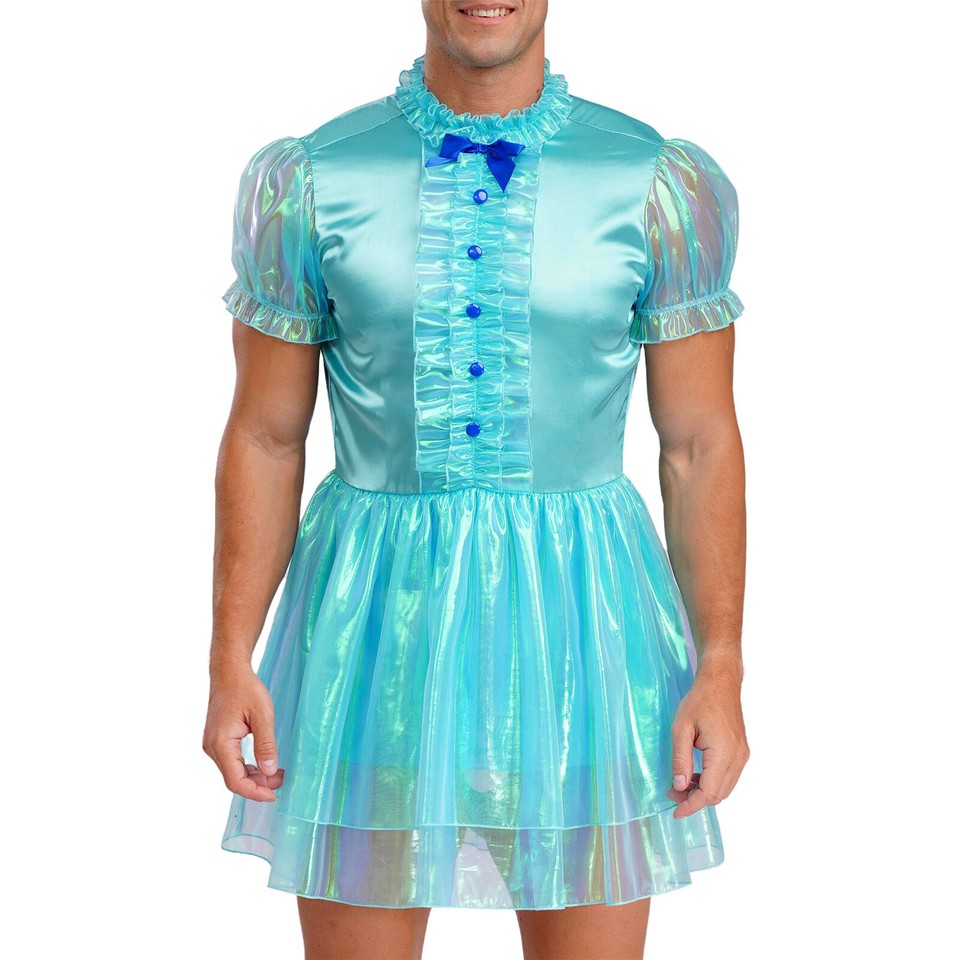 Mens Sissy Maid Silk Satin Nightshirt Short Sleeve V Neck Pajamas Top ...