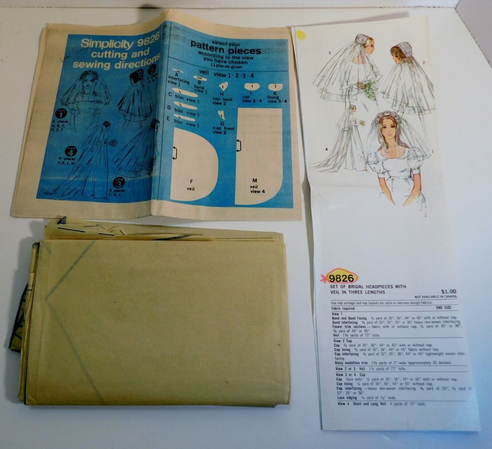 1971 Simplicity Pattern 9826 Wedding Headpiece Veil One Size (cut) No ...