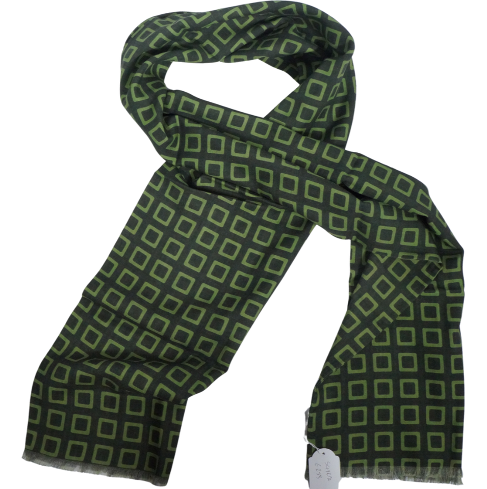 $400 NWOT MATTABISCH Green w Tonal Squares Men's Wool & Silk Scarf ...
