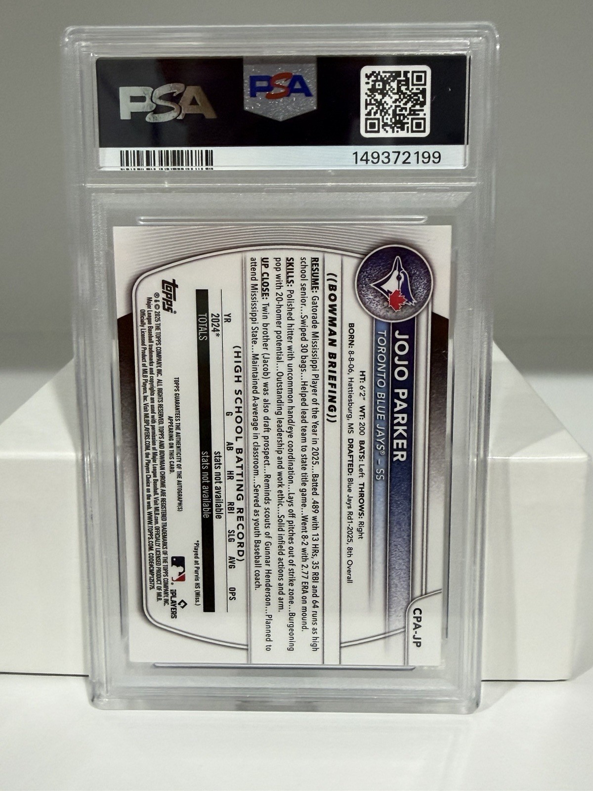 2025 Bowman Draft Sapphire Jojo Parker 1st Autograph 199/199 Jays PSA ...