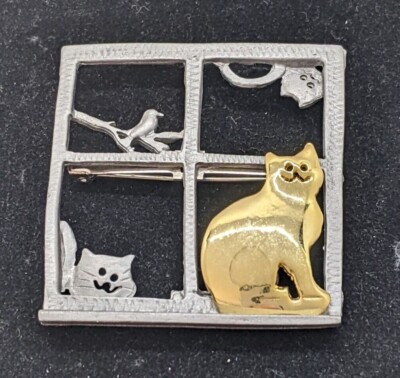 Ultra Craft Brooch Pin Pewter Gold Tone Cats in Window Bird on Branch 2 ...