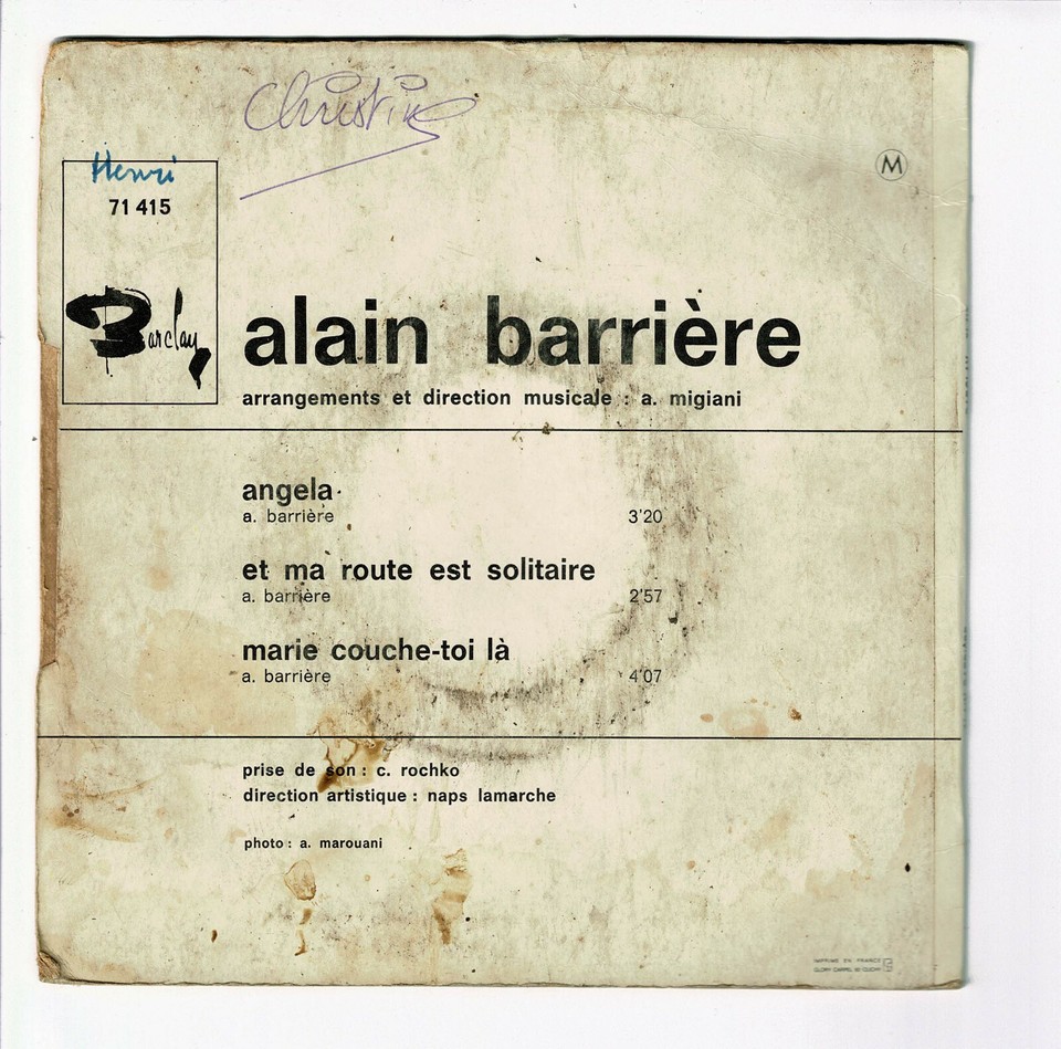 Alain Barrier Vinyl 45 RPM EP Angela - Marie Layer Toi La -barclay ...