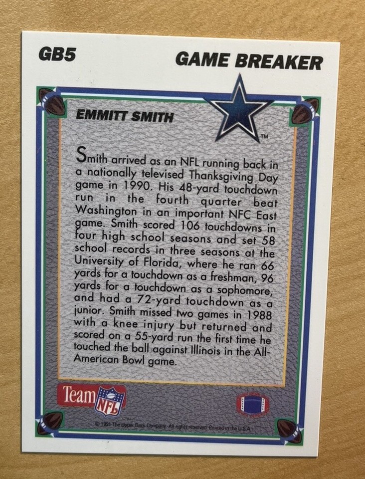 Emmitt Smith 1991 Upper Deck Game Breakers Holo Insert Card #GB5, MINT ...