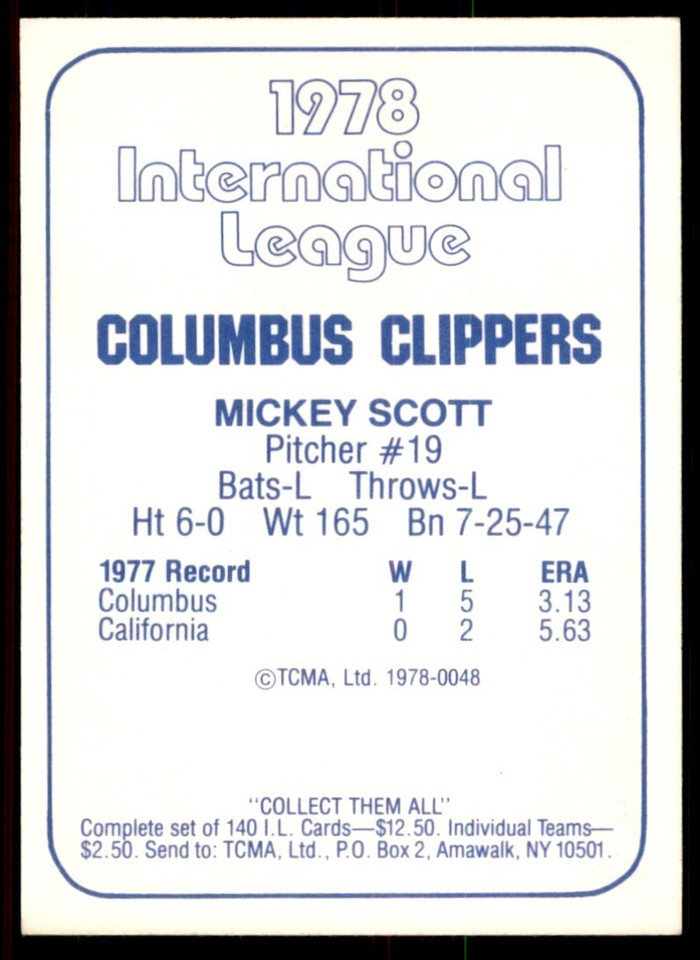 1978 TCMA International League Minor League Mickey Scott (C) Columbus ...