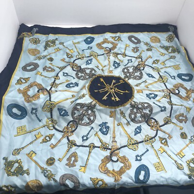 34 in SQ NAVY BLUE YELLOW AILK SCARF KEYS DESIGN SCARK SHAWL | eBay