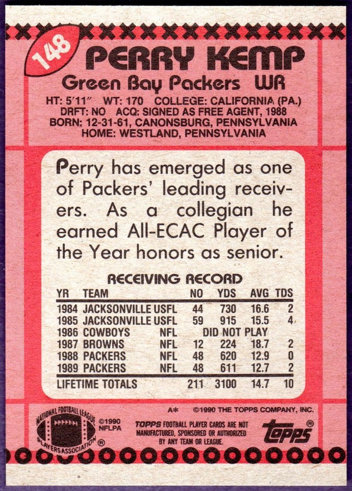 1990 Topps Football Perry Kemp #148 | eBay