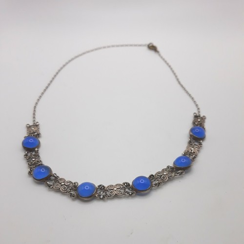 Antique Deco Silver Necklace Filigree French Revival Czech Blue Glass ...
