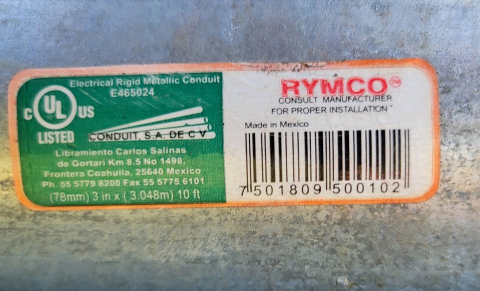 Rymco 3in(78m) Electrical Rigid Metal Conduit 3in x 10ft, MPN RY28-300 ...
