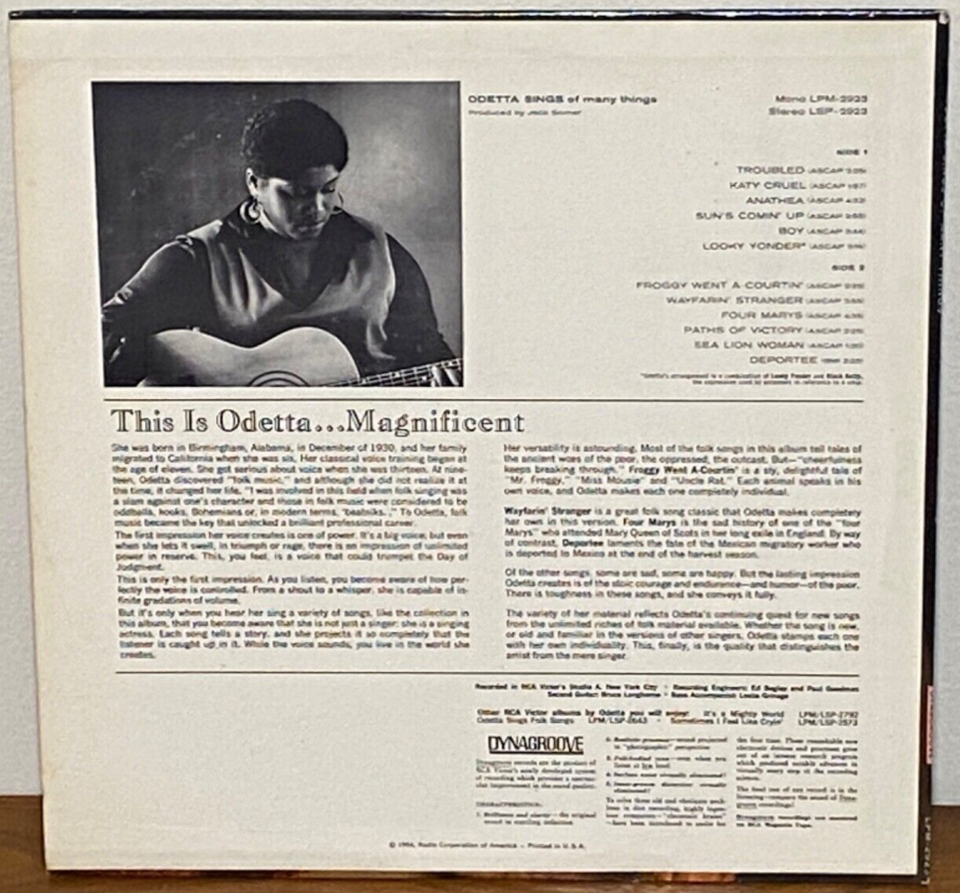 ODETTA Sings Of Many Things 1964 RCA VICTOR Female Folk Blues MONO LP ...