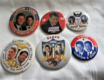 p278 Lot of Six Campaign Buttons, '92 and '96 Clinton - Gore plus ...