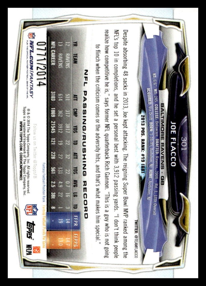 2014 Topps Joe Flacco #301 Gold /2014 Baltimore Ravens | eBay