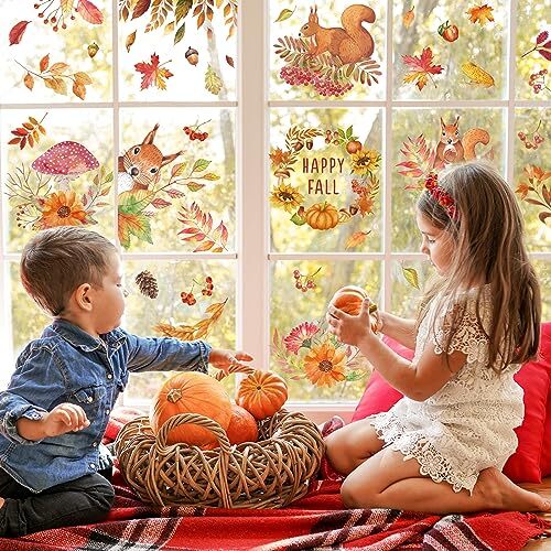 6 Sheet Fall Window Clings Decals Autumn Leaves Squirrel Window ...