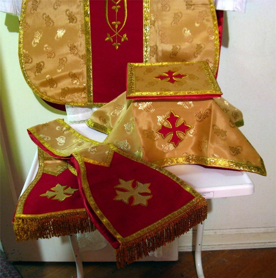 Yellow Gold Fiddleback Chasuble Set Red Orphrey/Lining+Stole,Maniple ...