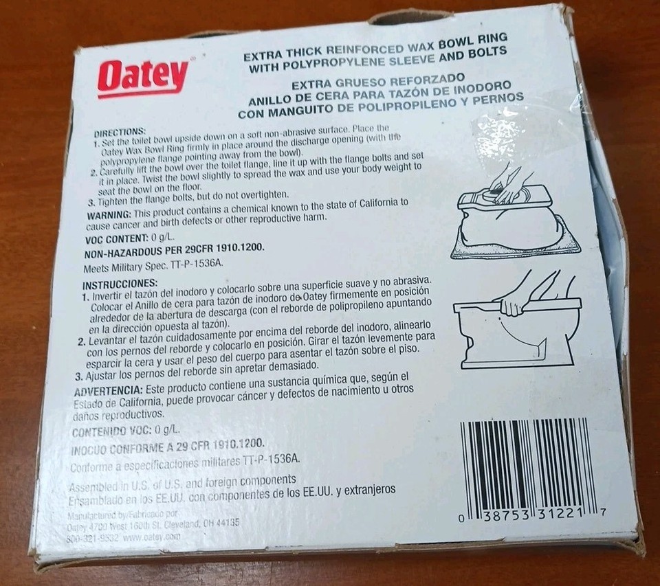 Oatey #31221 Extra Thick Reinforced Wax Bowl Ring w/ Sleeve & Bolts New ...