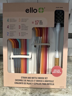 👓Ello straw & bottle brush 17 piece reusable steel straw silicone tips ...