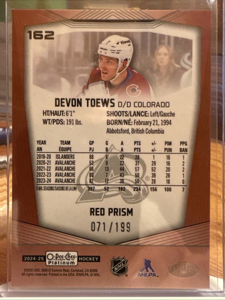 2024-25 O-Pee-Chee Platinum #50 Devon Toews Red Prism #/199 | eBay