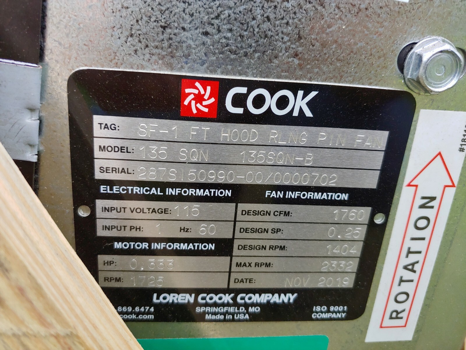 Loren Cook 135 SQN-B Belt Drive Inline Fan 1/3 HP 115V PH 1 1725 RPM ...