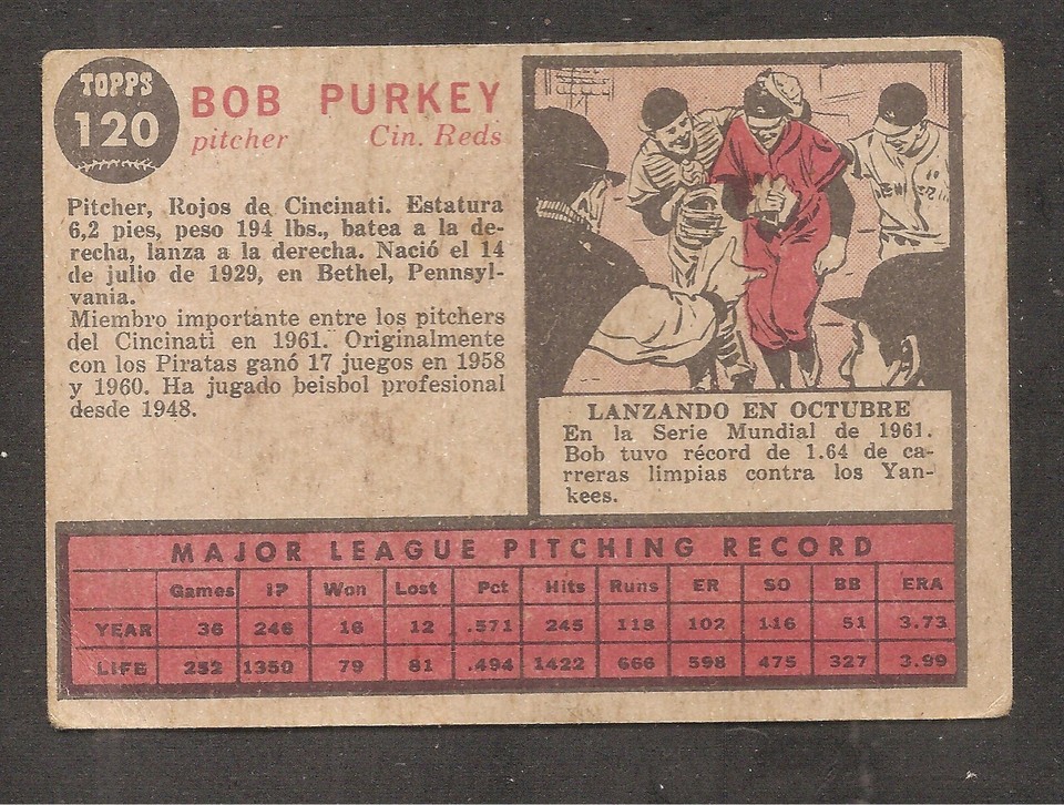 Bob Purkey 1962 Topps Venezuela #120 Rare Venezuelan card *Spanish back ...