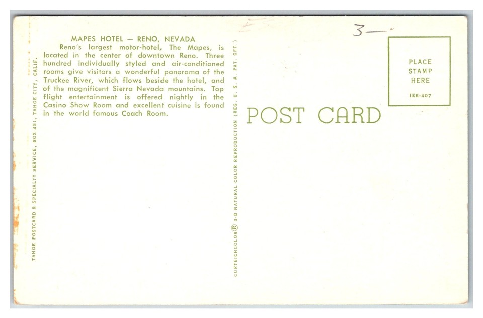 Reno, NV Nevada - Mapes Hotel, Motor -Hotel - Vintage Postcard ...