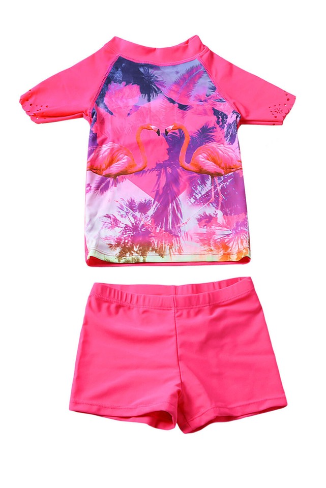 Girls Pink Flamingo Big Kid Tankini Swimsuit Swim Short Sleeve Rash ...