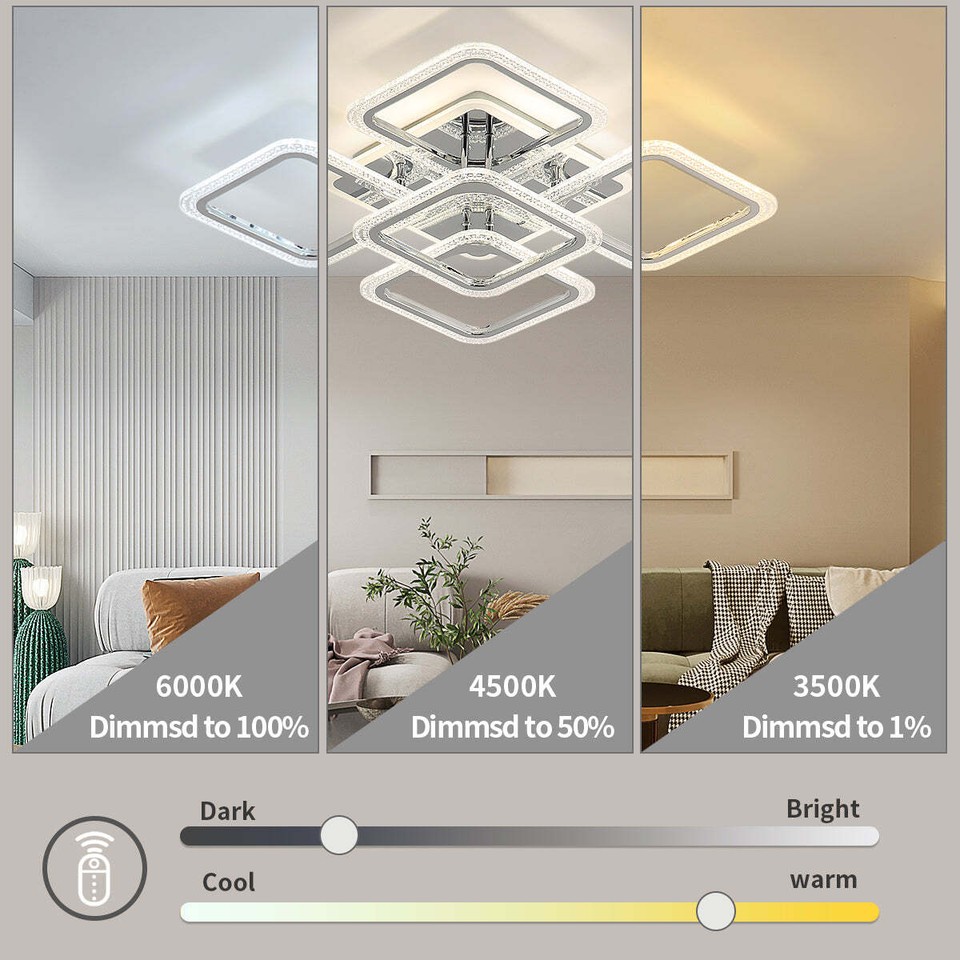 73W Dimmable LED Ceiling Light Sqaure Chandelier Remote Control Living ...