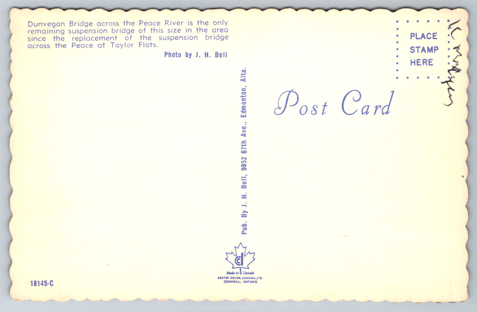 Dunvegan Bridge Peace River Suspension Bridge Canada Vintage Postcard ...