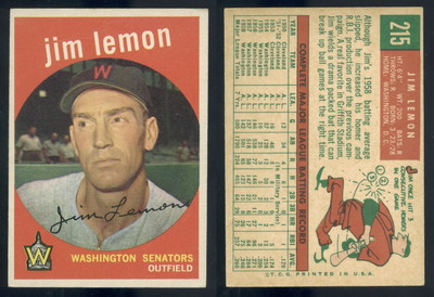 (51377) 1959 Topps 215 Jim Lemon White Back Senators-EM | eBay